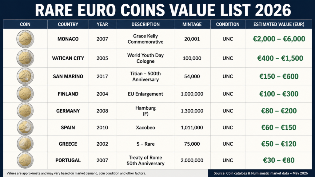 Rare Euro Coins Value List: Every Denomination 2026